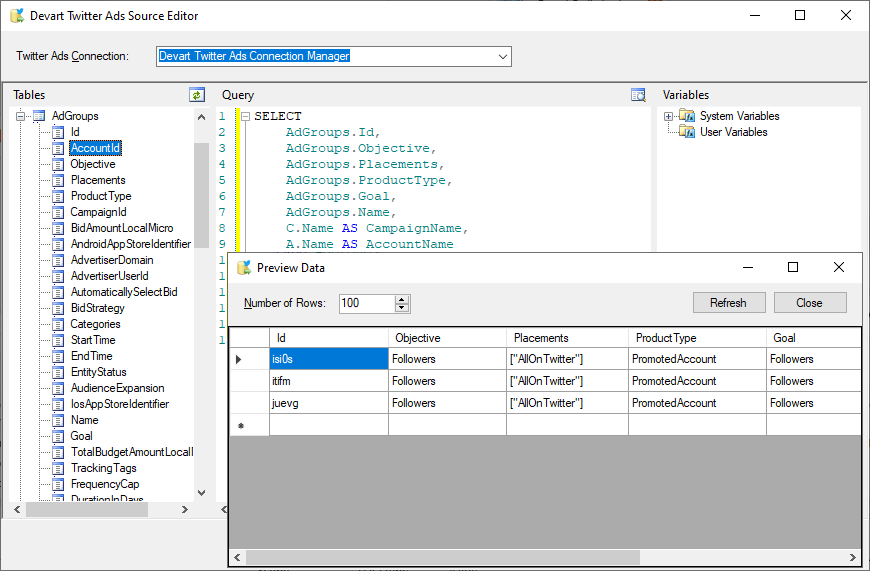 Devart SSIS Data Flow Components for Twitter Ads - Visual Studio ...